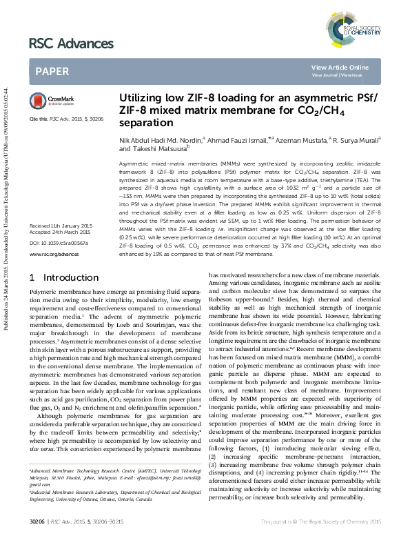 (PDF) Utilizing low ZIF-8 loading for an asymmetric PSf/ZIF-8 mixed matrix membrane for CO 2 /CH ...