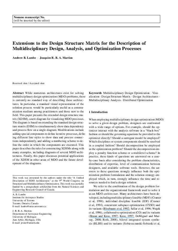 Pdf Extensions To The Design Structure Matrix For The Description Of Multidisciplinary Design