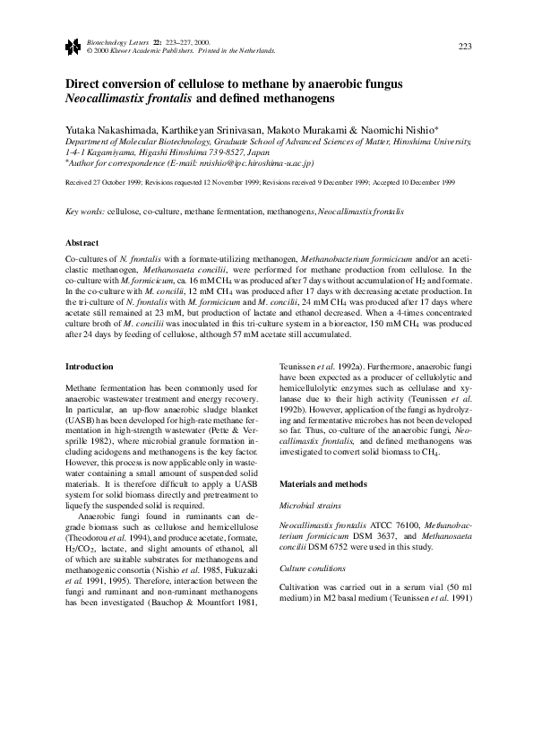 (PDF) Direct conversion of cellulose to methane by anaerobic fungus ...