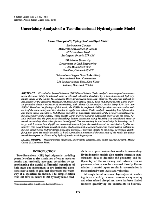 (PDF) Uncertainty Analysis of a Two-dimensional Hydrodynamic Model