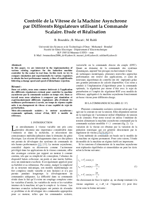 (PDF) Contrôle de la Vitesse de la Machine Asynchrone par Différents ...