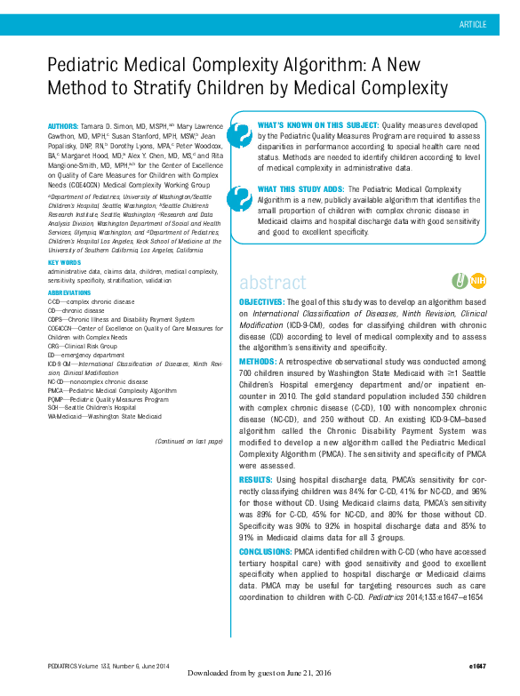 (PDF) Pediatric medical complexity algorithm: a new method to stratify ...