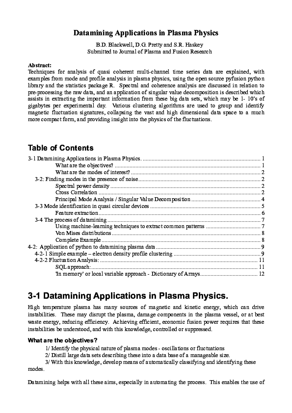 (PDF) Datamining Applications in Plasma Physics
