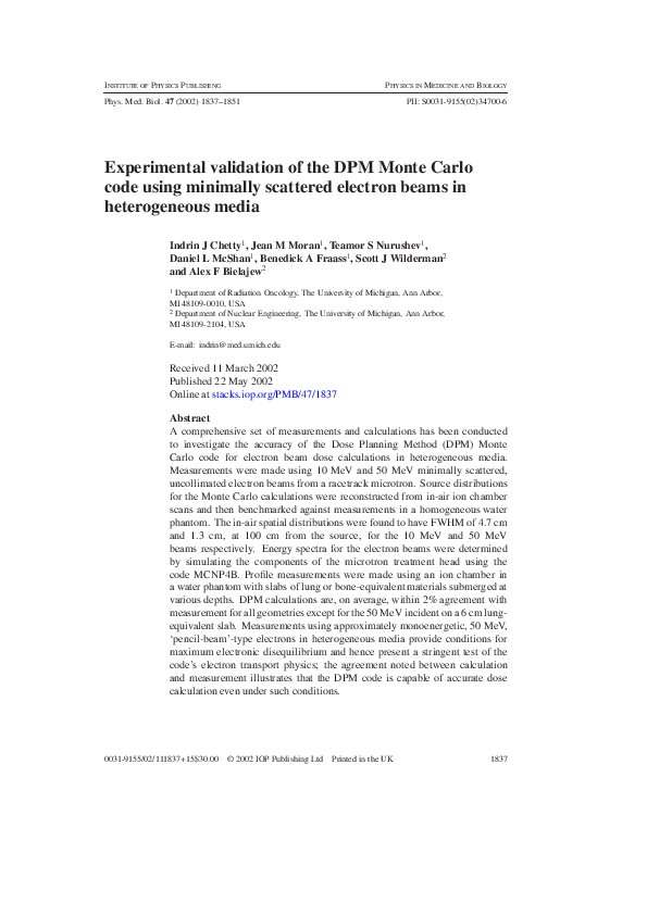 Pdf Experimental Validation Of The Dpm Monte Carlo Code Using