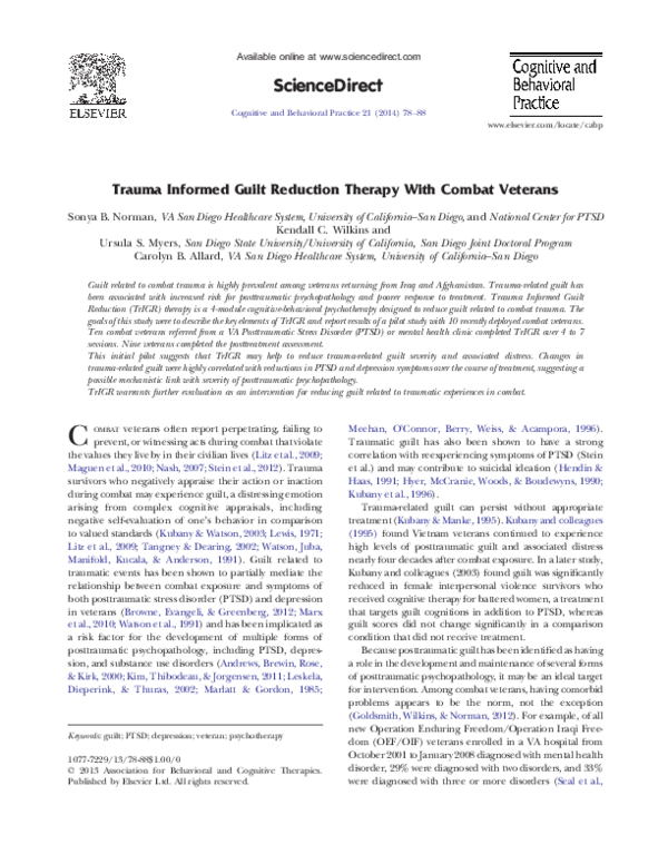 (PDF) Trauma Informed Guilt Reduction Therapy With Combat Veterans