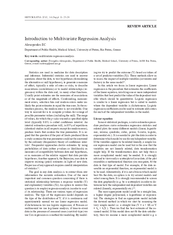 Pdf Introduction To Multivariate Regression Analysis
