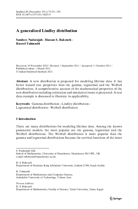 (PDF) A generalized Lindley distribution