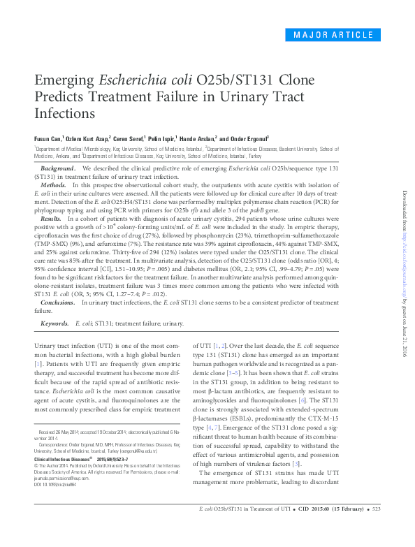 (PDF) Emerging Escherichia coli O25b/ST131 clone predicts treatment ...