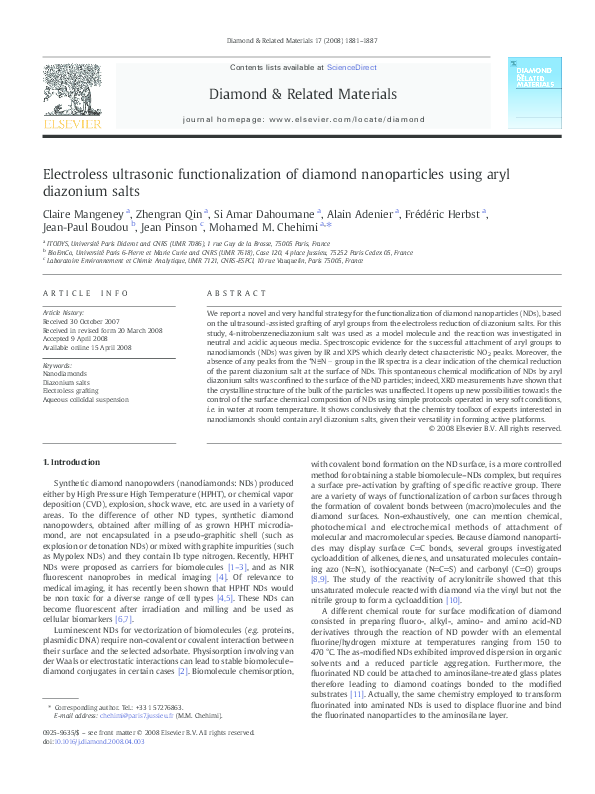 (PDF) Electroless ultrasonic functionalization of diamond nanoparticles using aryl diazonium salts