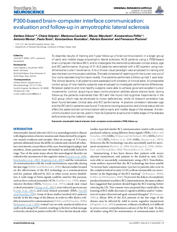 (PDF) P300-based brain-computer interface communication: evaluation and follow-up in amyotrophic ...