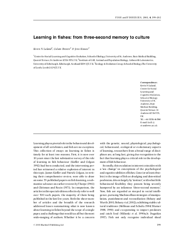 (PDF) Learning in fishes: from three-second memory to culture