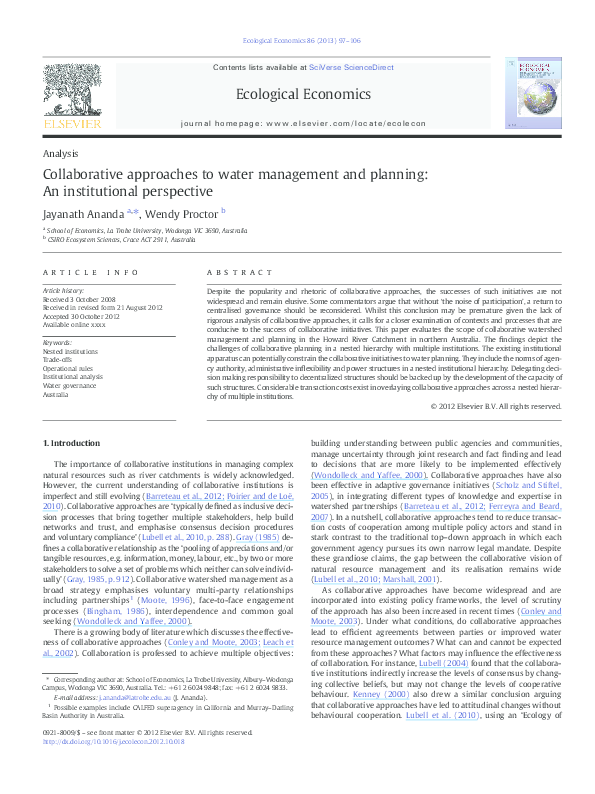 (PDF) Collaborative approaches to water management and planning: An ...