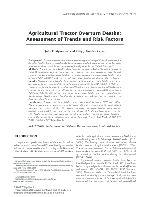 (PDF) Agricultural tractor overturn deaths: Assessment of trends and ...