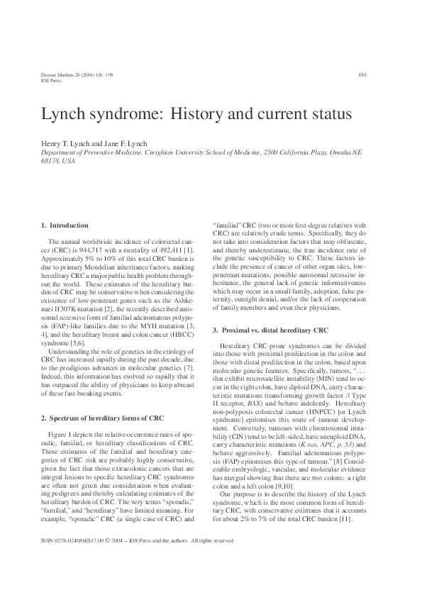 (PDF) Lynch Syndrome: History and Current Status