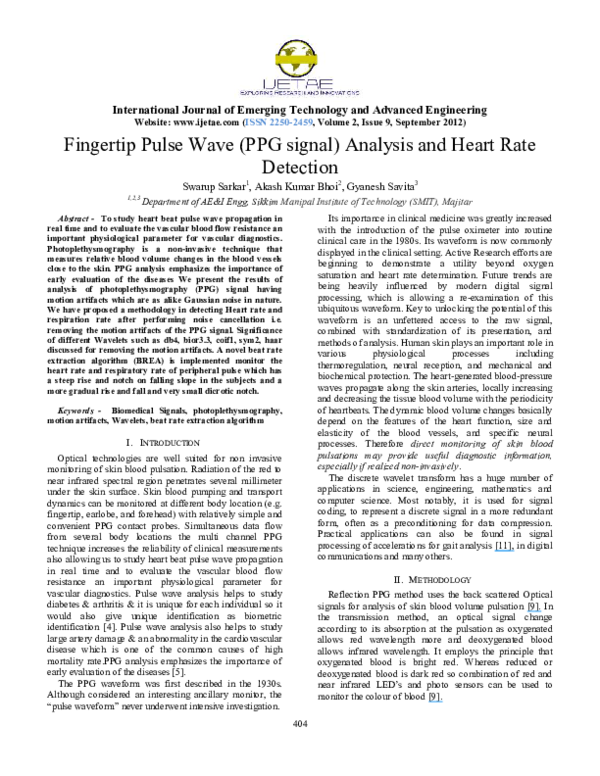 (PDF) Fingertip Pulse Wave (PPG signal) Analysis and Heart Rate Detection
