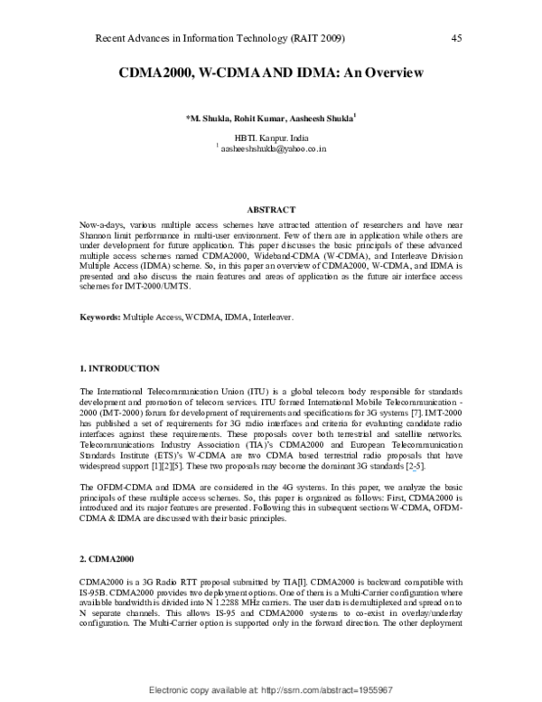 (PDF) CDMA2000, W-CDMA and IDMA: An Overview
