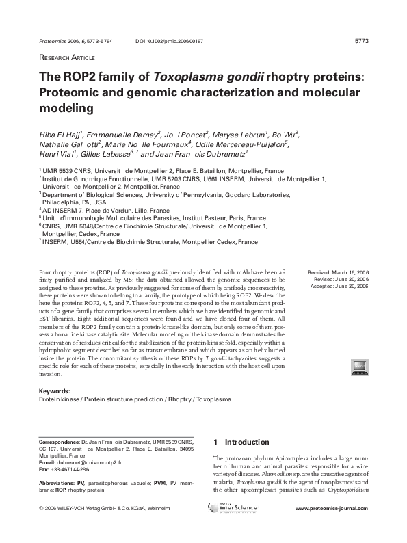 (PDF) The ROP2 family ofToxoplasma gondii rhoptry proteins: Proteomic ...