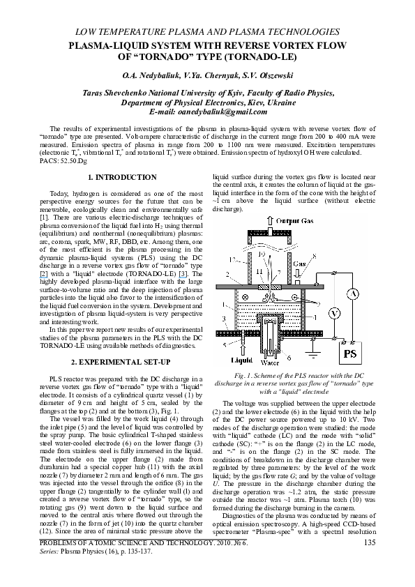 (PDF) Plasma-liquid system with reverse vortex flow of “tornado” type ...
