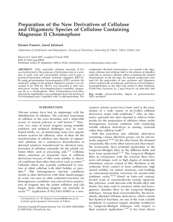 (PDF) Preparation of the new derivatives of cellulose and oligomeric ...