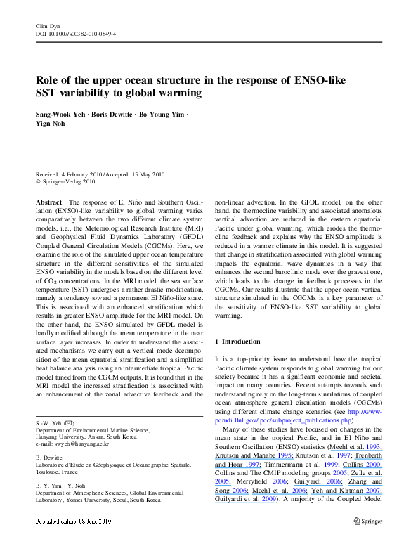 (PDF) Role of the upper ocean structure in the response of ENSO-like ...
