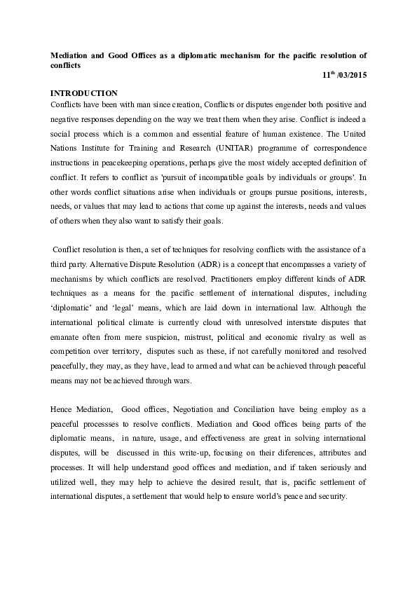 (DOC) Mediation and Good Offices as a diplomatic mechanism for the ...