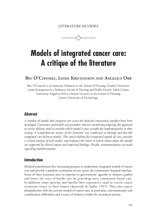 (PDF) Models of integrated cancer care:A critique of the literature