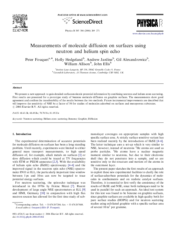 (PDF) Measurements of molecule diffusion on surfaces using neutron and helium spin echo