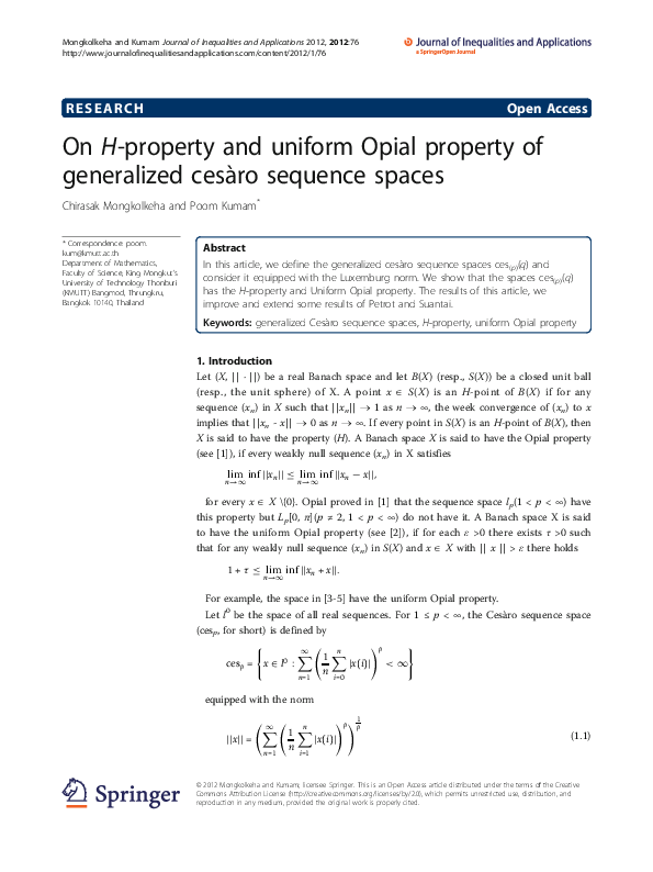 (PDF) On H-property and uniform Opial property of generalized cesàro sequence spaces