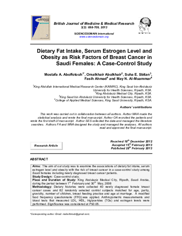 (PDF) Dietary fat intake, serum estrogen level and obesity as risk ...
