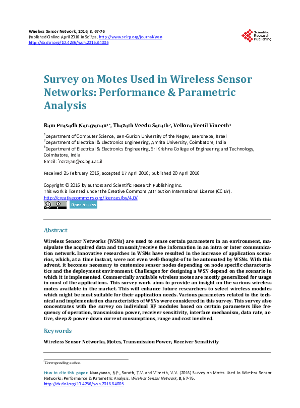 Pdf Survey On Motes Used In Wireless Sensor Networks Performance And Parametric Analysis Ram