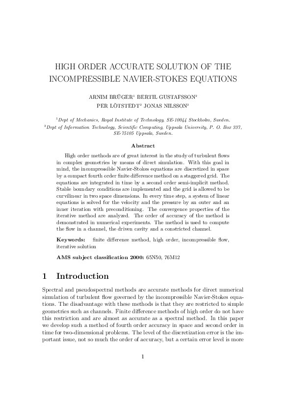 (PDF) High order accurate solution of the incompressible Navier–Stokes equations