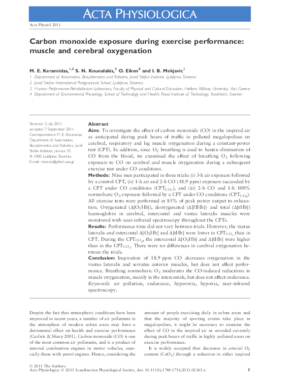 (PDF) Carbon monoxide exposure during exercise performance: muscle and cerebral oxygenation