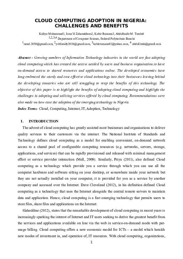 (DOC) Cloud Computing Adoption in Nigeria: Challenges and Benefits