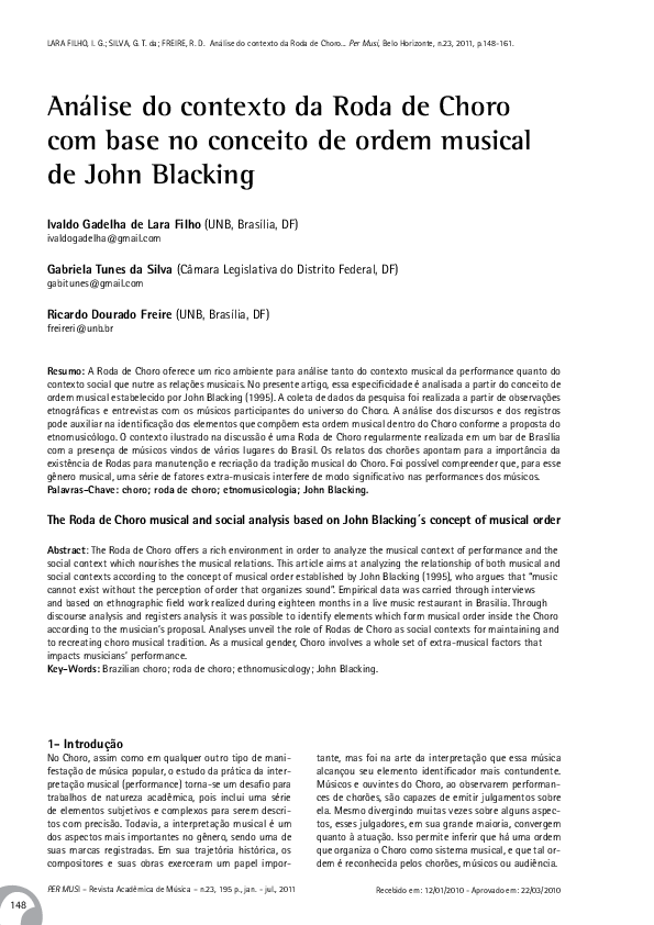 (PDF) The Roda de Choro musical and social analysis based on John Blacking's concept of musical ...