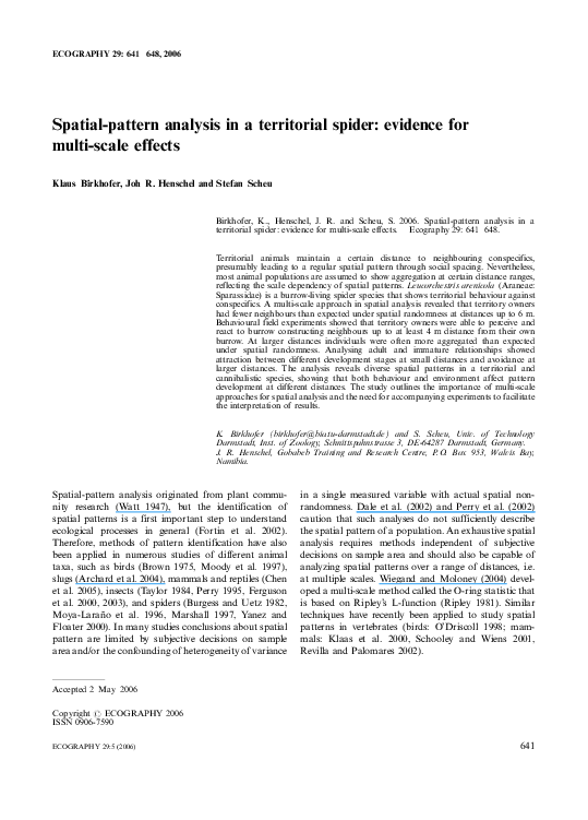 (PDF) Spatial-pattern analysis in a territorial spider: evidence for ...