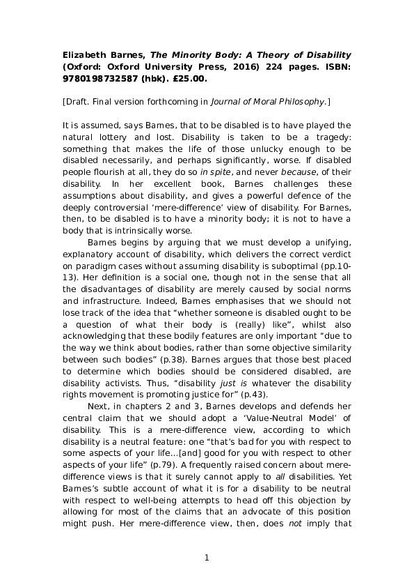 (DOC) Review: The Minority Body: A Theory of Disability by Elizabeth Barnes