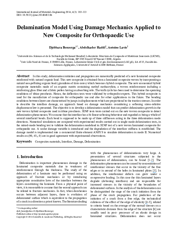 (PDF) Delamination model using damage mechanics applied to new composite for orthopaedic use