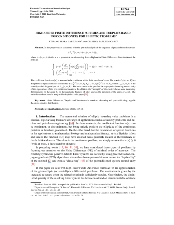 Pdf High Order Finite Difference Schemes And Toeplitz Based Preconditioners For Elliptic Problems