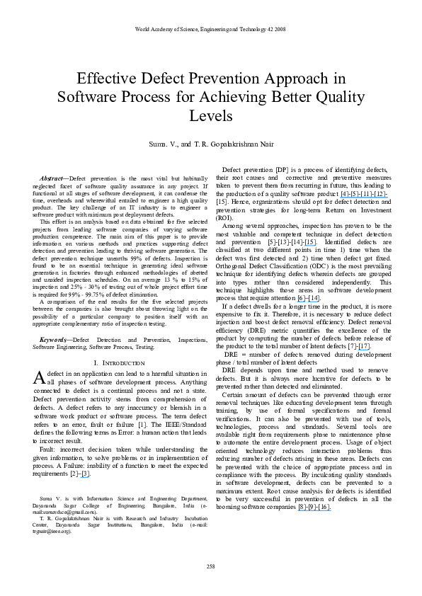 Pdf Effective Defect Prevention Approach In Software Process For Achieving Better Quality Levels