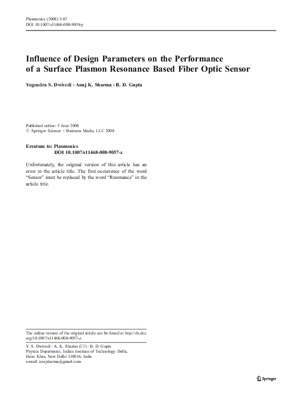 Pdf Influence Of Design Parameters On The Performance Of A Surface Plasmon Resonance Based