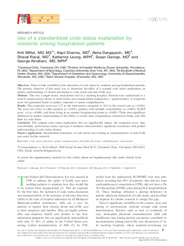 (PDF) Use of a standardized code status explanation by residents among ...