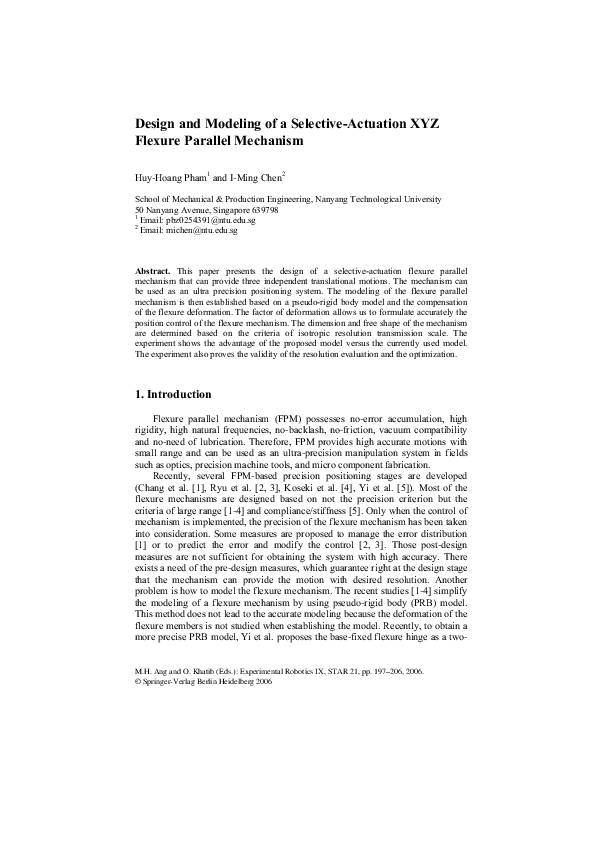 (PDF) Design and Modeling of a Selective-Actuation XYZ Flexure Parallel Mechanism