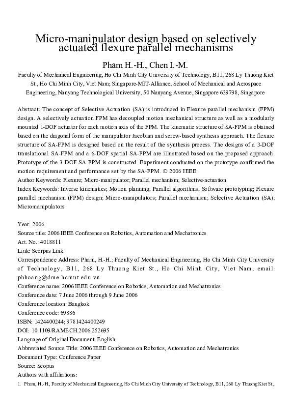 (PDF) Micro-Manipulator Design Based on Selectively Actuated Flexure Parallel Mechanisms