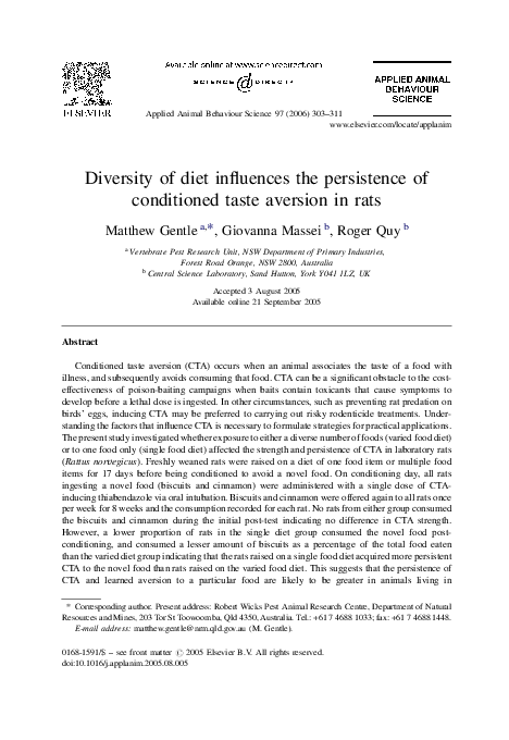 (PDF) Food Diversity Affects Conditioned Taste Aversion
