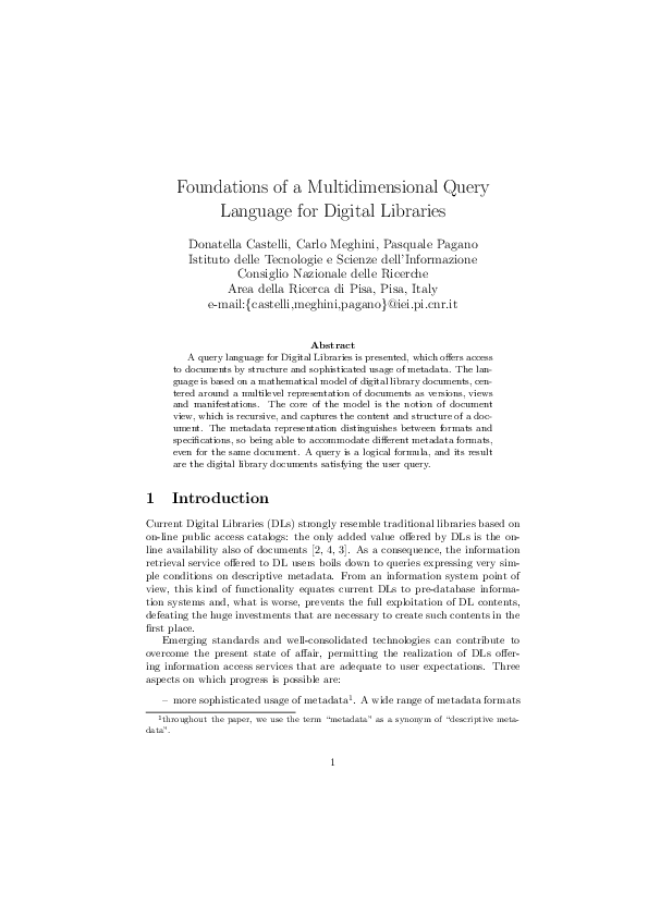 (PDF) Foundations of a Multidimensional Query Language for Digital Libraries | C. Meghini and ...