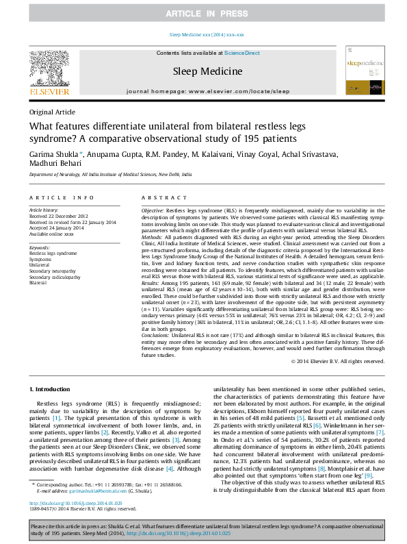 (PDF) What features differentiate unilateral from bilateral restless legs syndrome? A ...