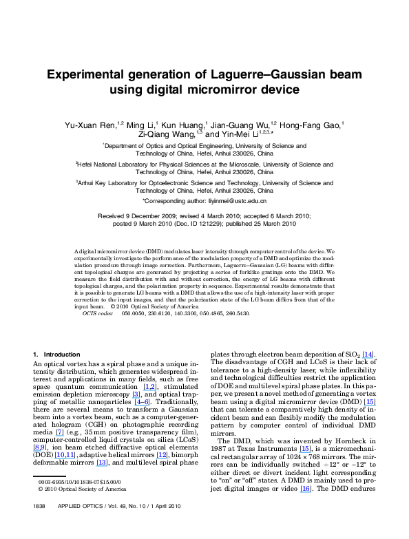 (PDF) Experimental generation of Laguerre-Gaussian beam using digital micromirror device