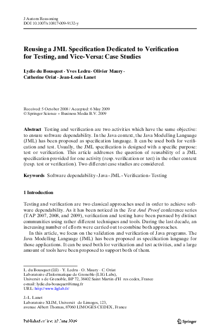 Pdf Reusing A Jml Specification Dedicated To Verification For Testing And Vice Versa Case