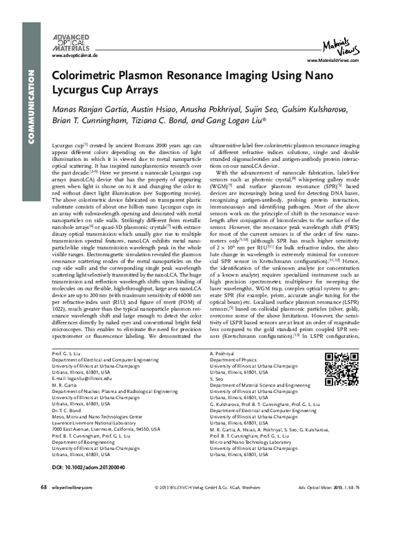 (PDF) Colorimetric Plasmon Resonance Imaging Using Nano Lycurgus Cup Arrays