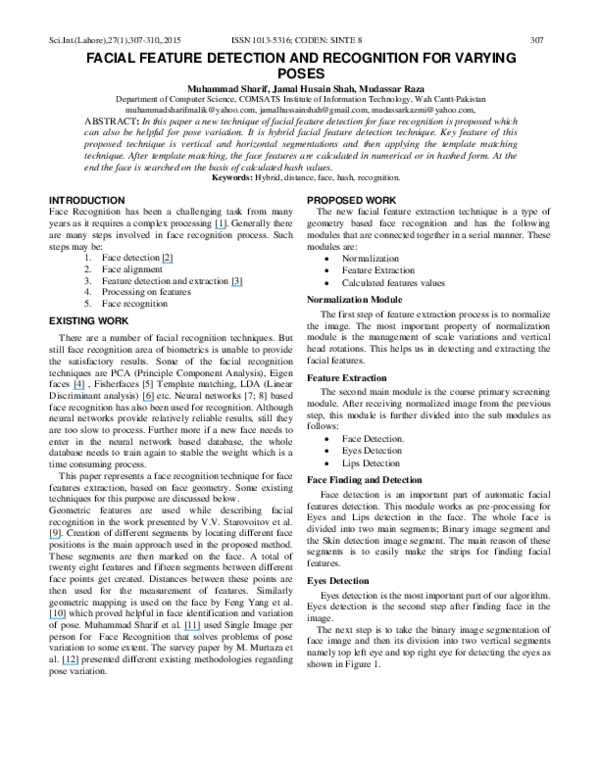 (PDF) FACIAL FEATURE DETECTION AND RECOGNITION FOR VARYING POSES